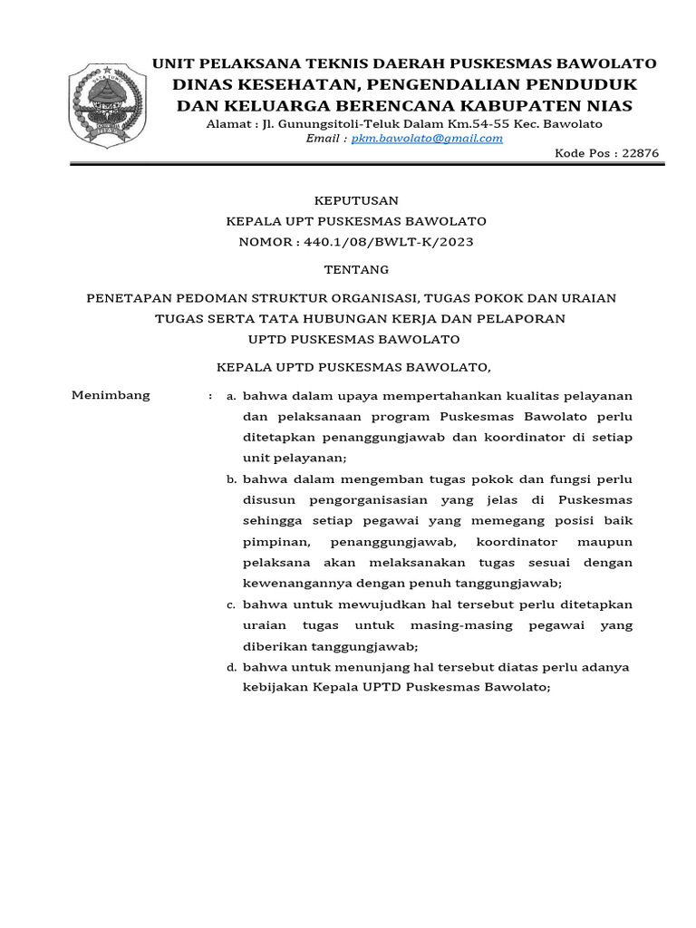 SK Struktur Organisasi PKM Dan Uraian Tugas | PDF