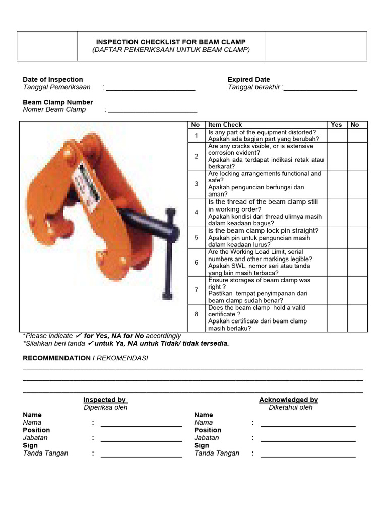 Inspection Checklist For Beam Clamp | PDF