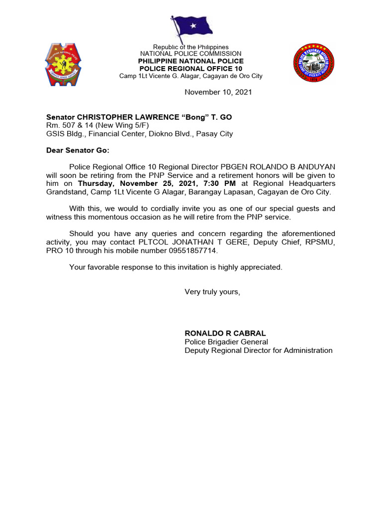 Invitation to Retirement Honors for PBGEN Anduyan | PDF