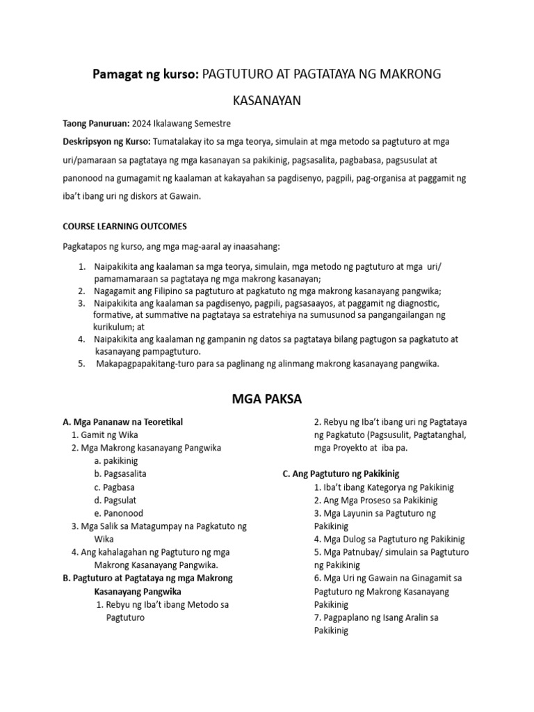 PAGTUTURO AT PAGTATAYA NG MAKRONG KASANAYAN Syllabus | PDF