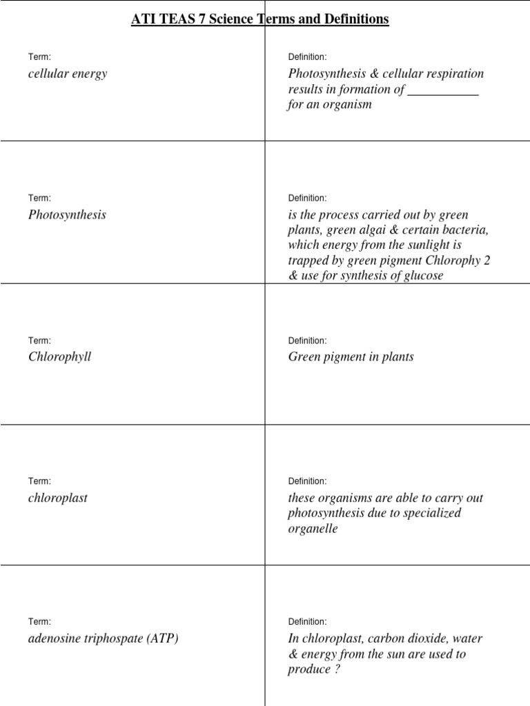 TEAS 7 Science Terms & Definitions | PDF | Dna | Gene