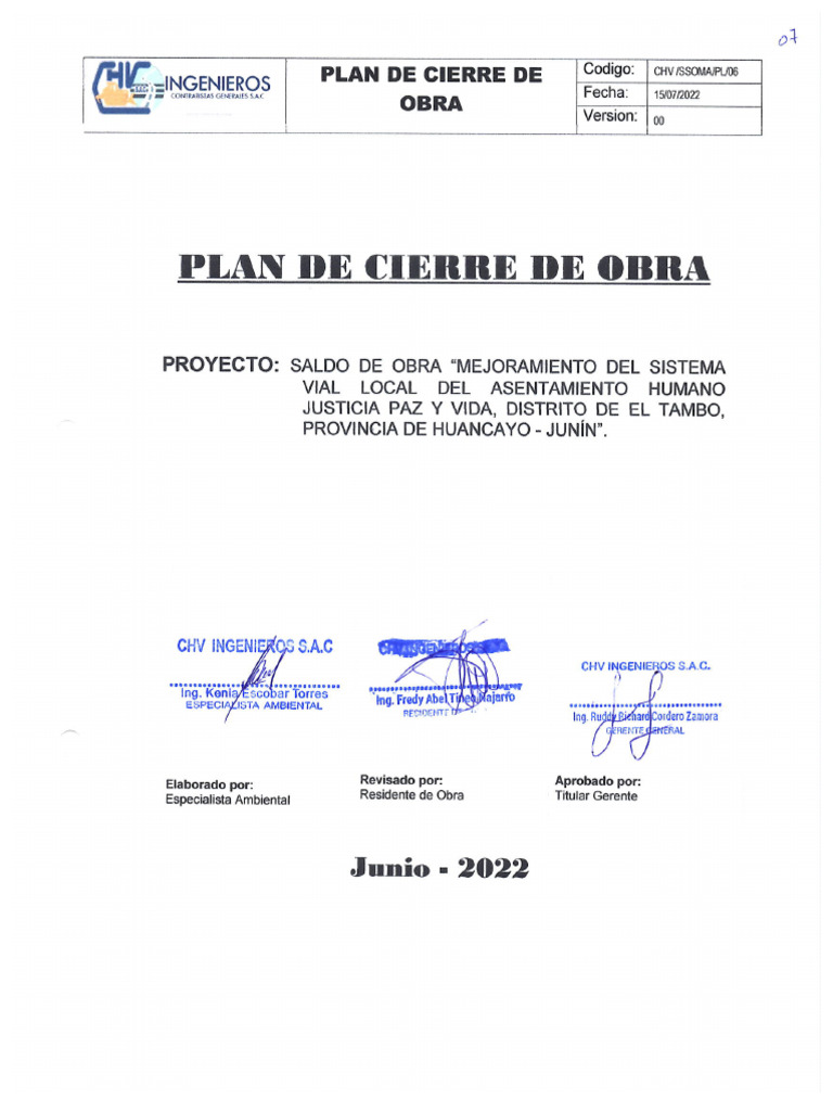 Plan de Cierre de Obra | PDF