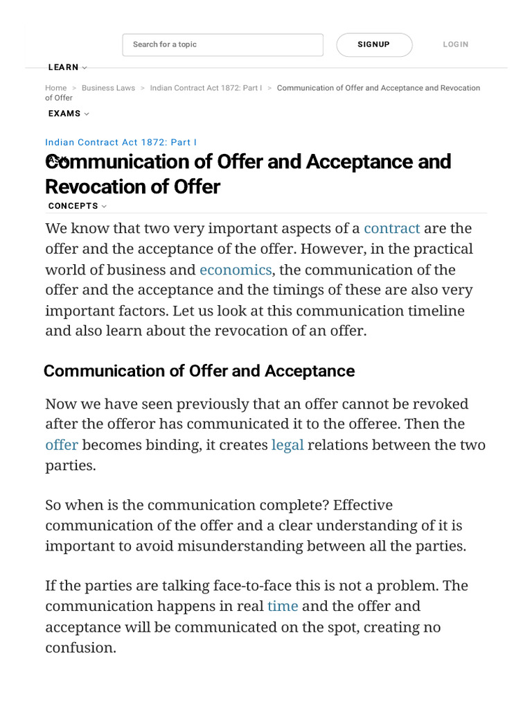 Communication of Offer & Acceptance and Revocation of Offer | PDF ...