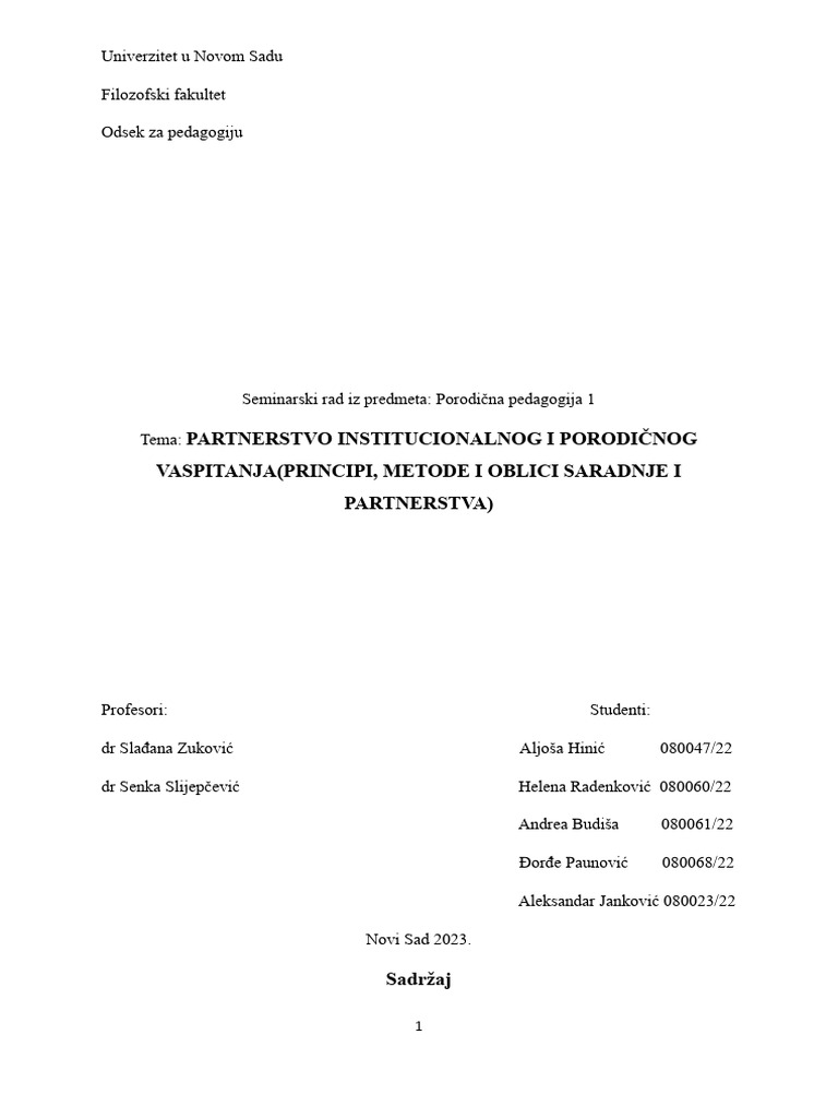 Seminarski Rad - Partnerstvo Institucionalnog I Porodičnog Vaspitanja | PDF