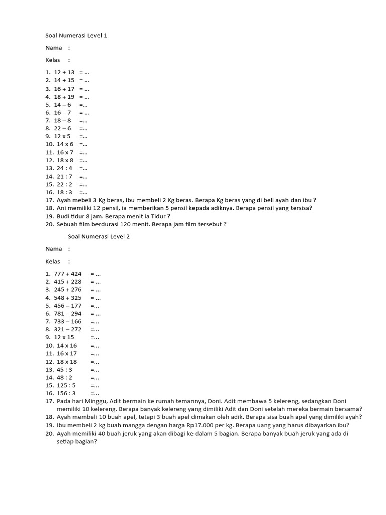 Soal Numerasi Level 1 SP2K | PDF | Game & Aktivitas