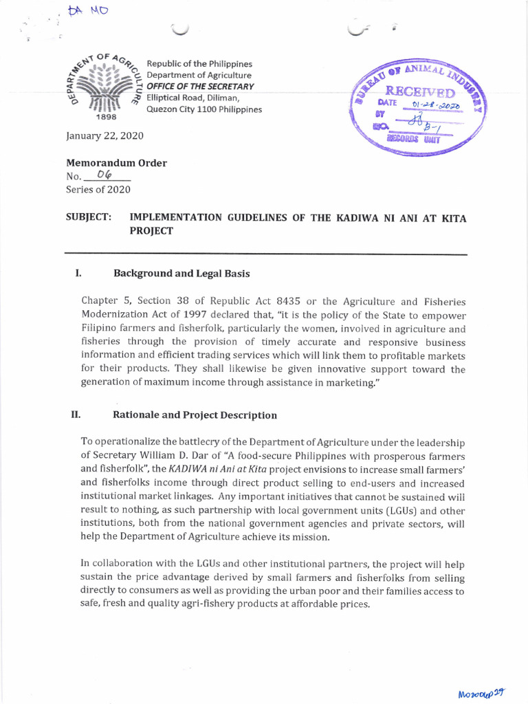 Da Memorandum Order No 6 Implementation Guidelines of The Kadiwa Ni Ani ...