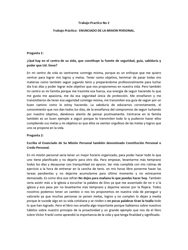 Trabajo Practico No 2 MISION PERSONAL | PDF Trabajo Practico No 2 MISION PERSONAL | PDF