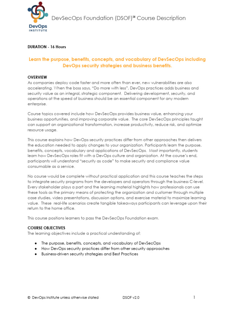DevSecOps Foundation v2.0 - Course Description - 08.2020 | PDF