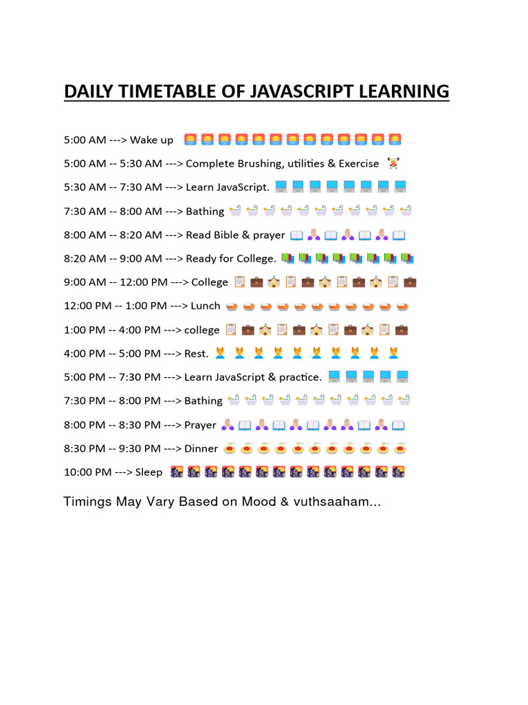 Daily Timetable of Javascript Learning | PDF