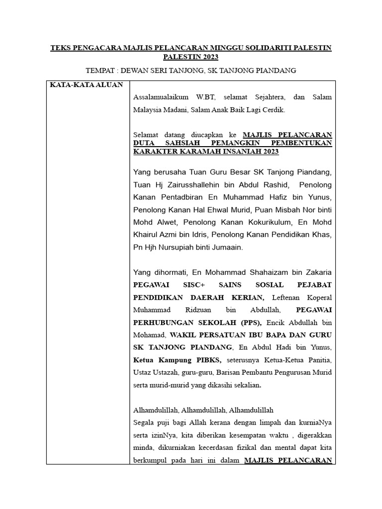 Teks Pengacara Majlis Pelancaran Duta Sahsiah Pemangkin Pembentukan Karakter Karamah Insaniah ...