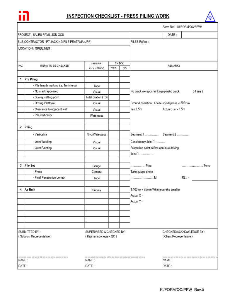 Inspection Checklist For PRESS PILING WORK | PDF | Mechanical ...