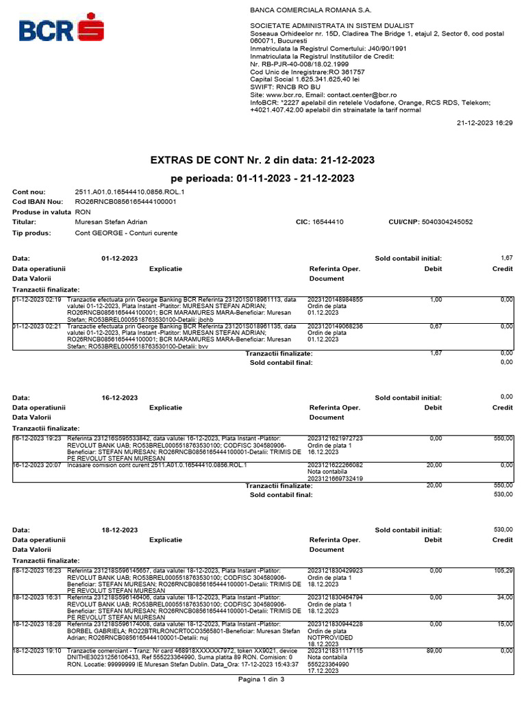 Pe Perioada: 01-11-2023 - 21-12-2023 EXTRAS DE CONT Nr. 2 Din Data: 21 ...