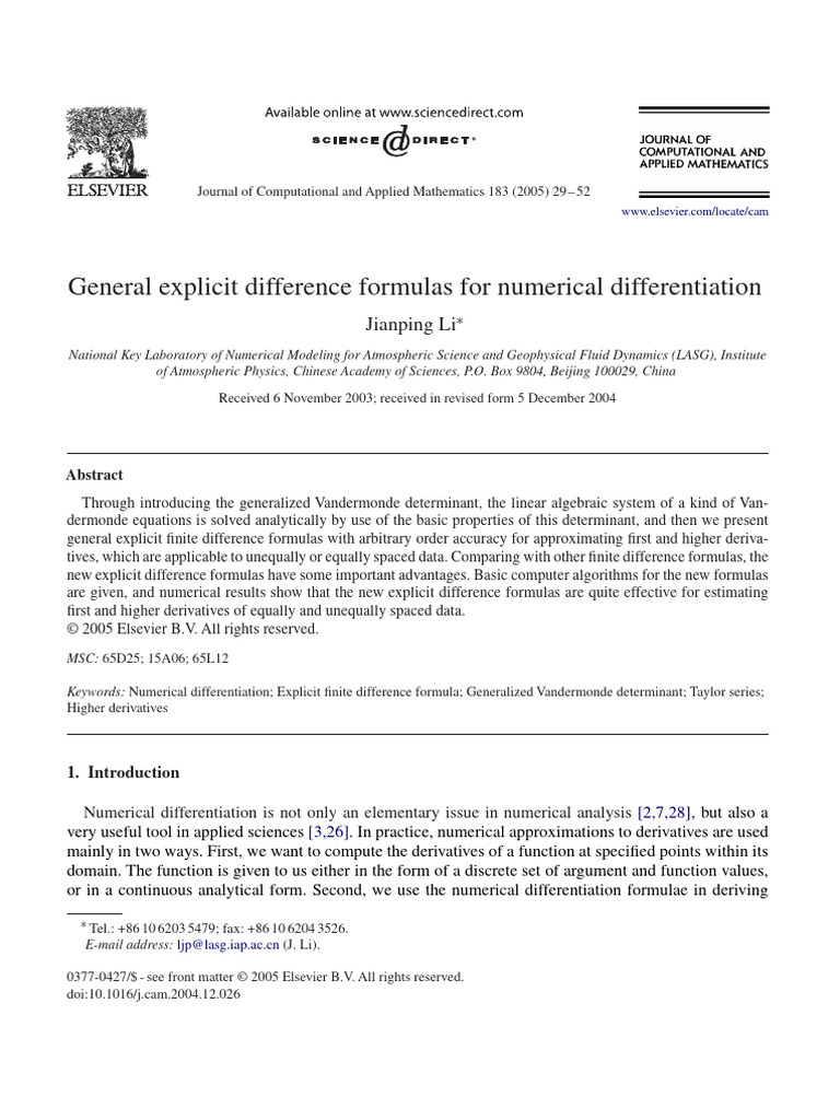 General Explicit Difference Formulas For Numerical Differentiation - Jianping Li | PDF | Finite ...