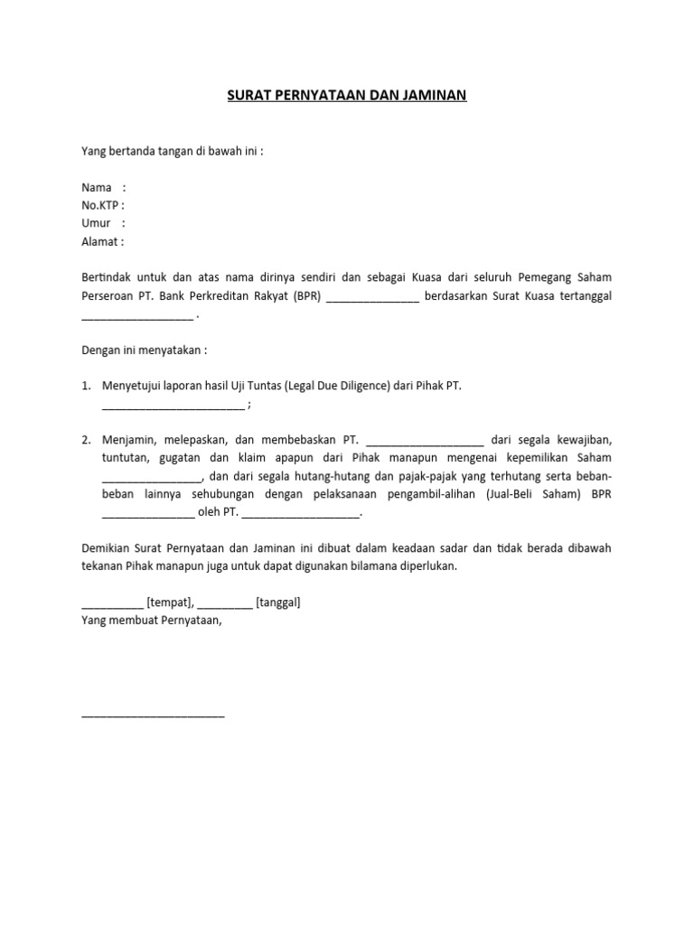 Surat Pernyataan Dan Jaminan BPR Draft | PDF