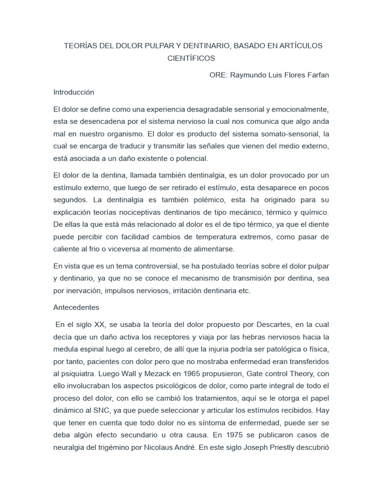 Teorías del Dolor Dentinario y Pulpar | PDF | Dolor | Nervio