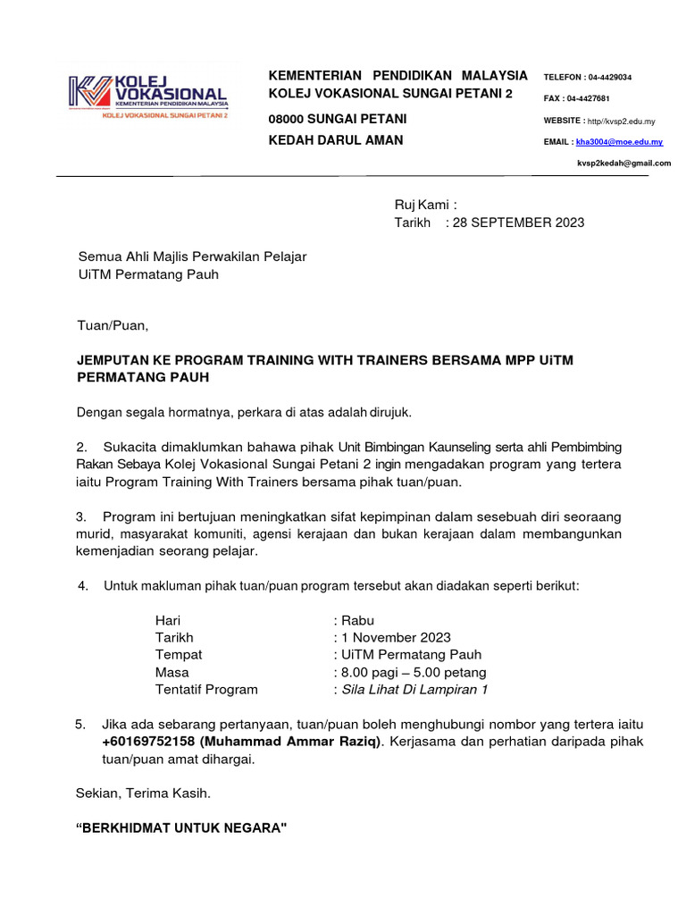 SURAT JEMPUTAN KE PROGRAM TRAINING WITH TRAINERS BERSAMA MPP UiTM ...