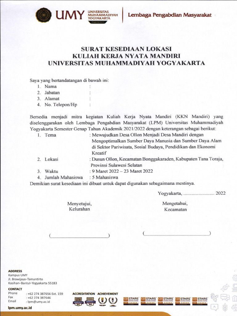Surat Kesediaan Lokasi Tabik - 001 | PDF