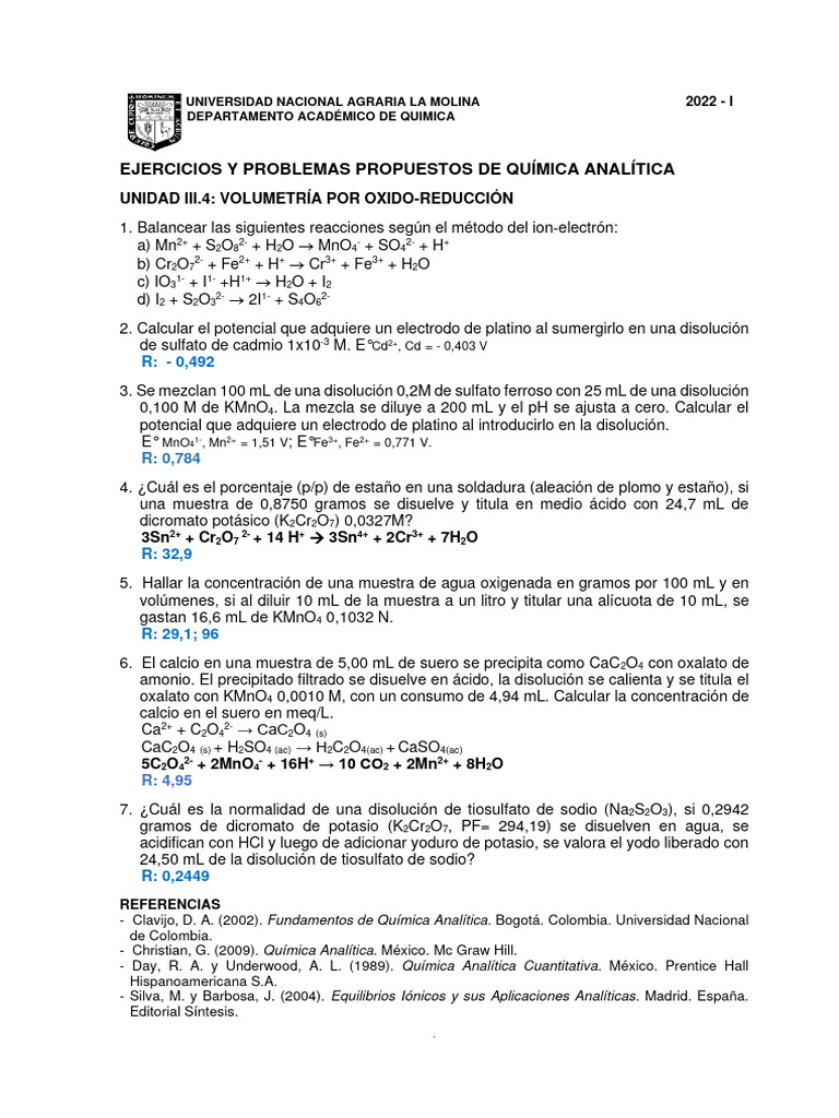 3.4. Ejercicios y Problemas Propuestos Volumetria Redox | PDF | Valoración | Química