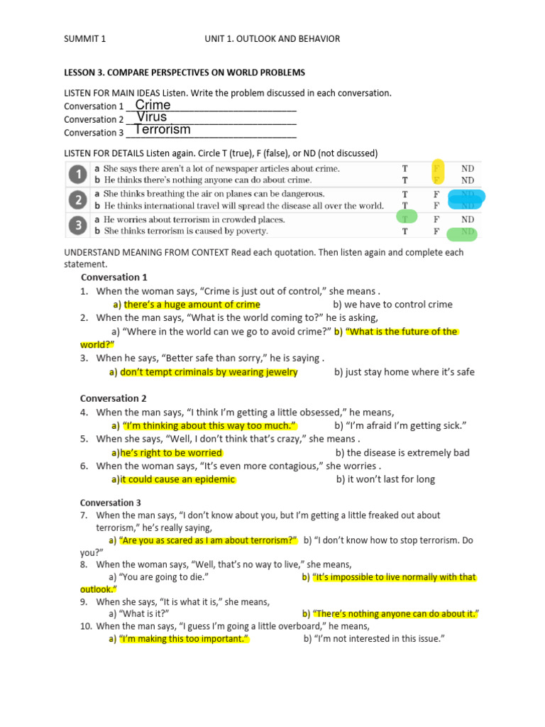 Summit 1 Unit 1 Lesson 3 | PDF