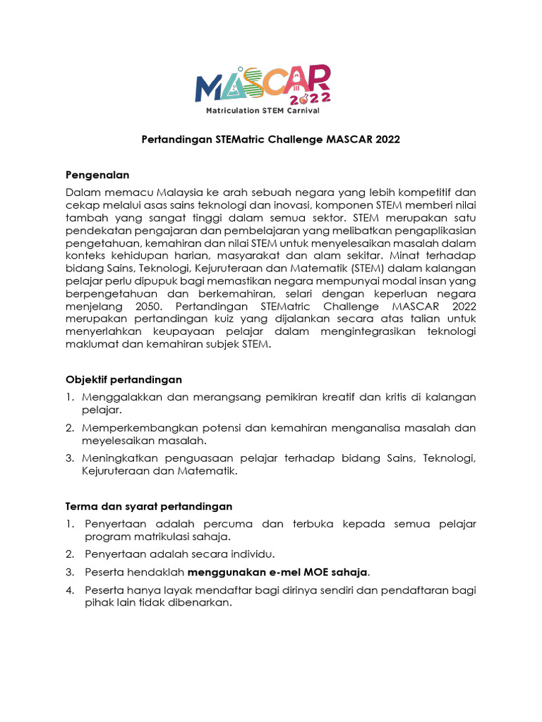 Syarat Pertandingan STEMatric Challenge MASCAR 2022 | PDF | Bisnis | Teknologi & Rekayasa