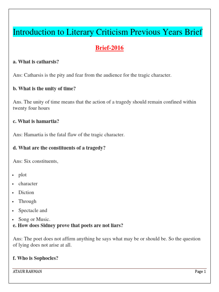 Introduction To Literary Criticism Previous Years Brief | PDF | Tragedy ...