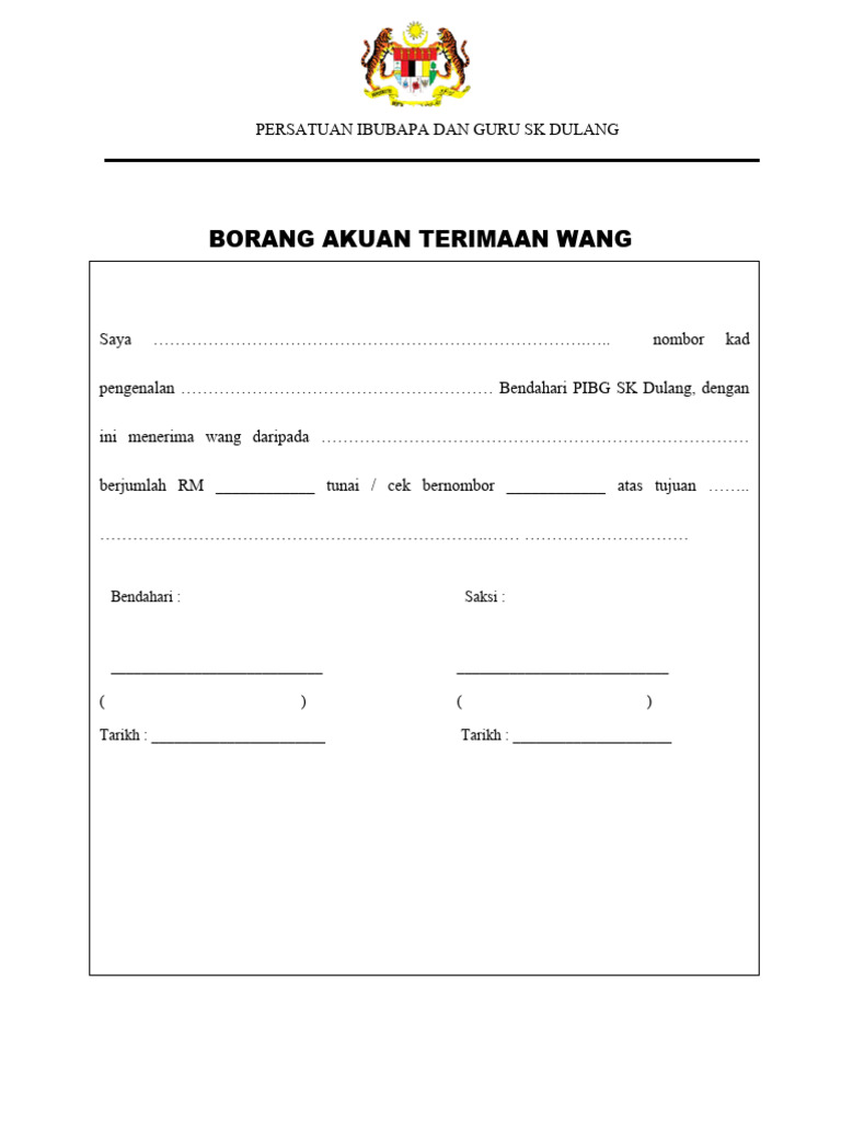 Borang Akuan Terimaan Wang Pibg SK Dulang | PDF