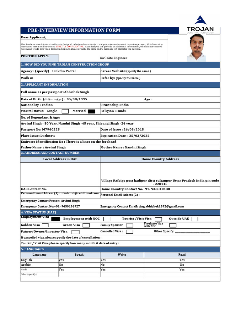 Pre-Interview Form (1) | PDF | United Arab Emirates | Travel Visa