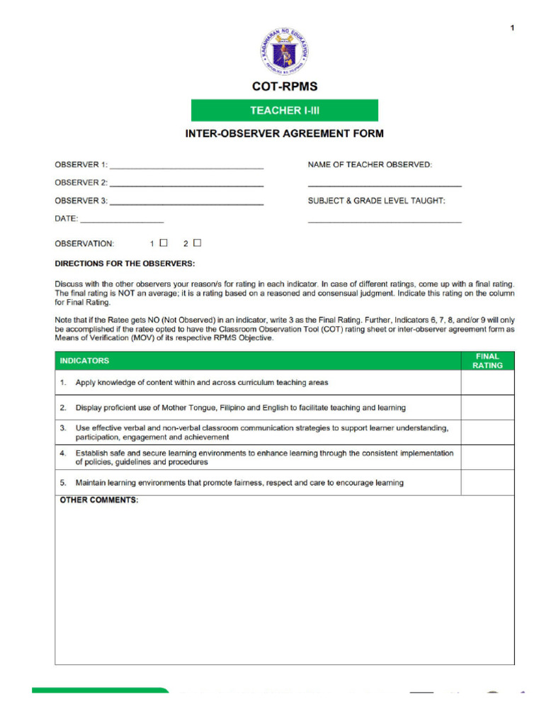 Inter-Observer Agreement Form | PDF