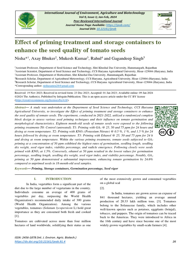 Effect of Priming Treatment and Storage Containers To Enhance The Seed Quality of Tomato Seeds ...
