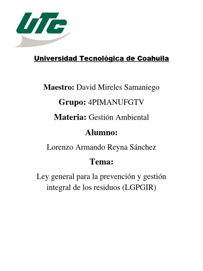 Ley General para La Prevención y Gestión Integral de Los Residuos ...