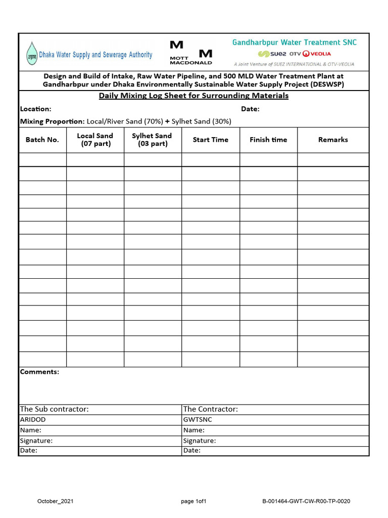 Daily Log for Water Treatment Plant | PDF | Technology & Engineering