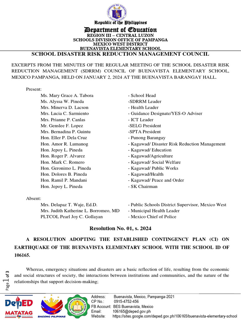 Buenavista School Earthquake Plan Resolution | PDF | Risk | Governance