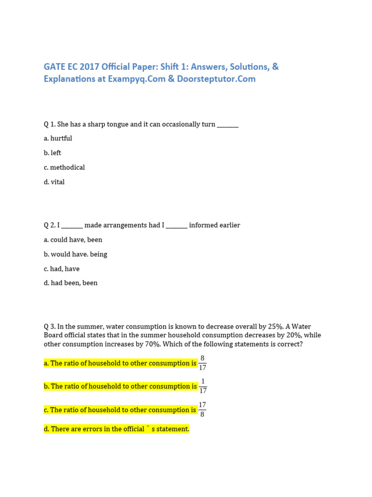 GATE EC 2017 Official Paper Shift 1 55 | PDF | Doping (Semiconductor ...