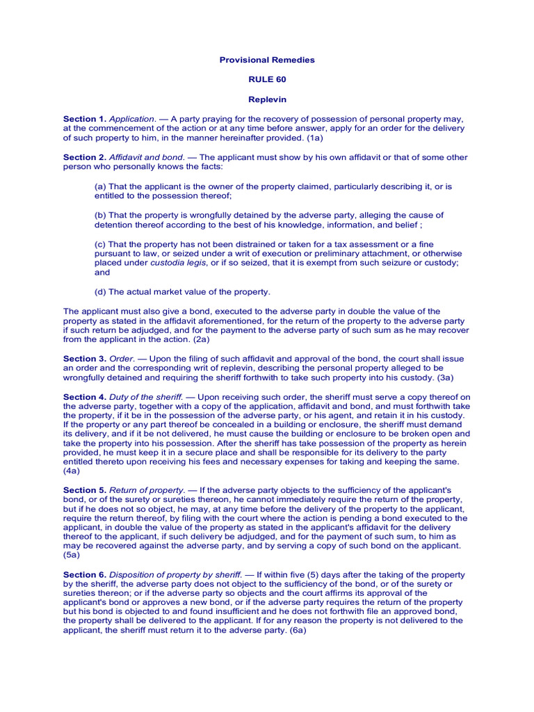 Provisional Remedies (Rule 60 Replevin) | PDF | Damages | Surety