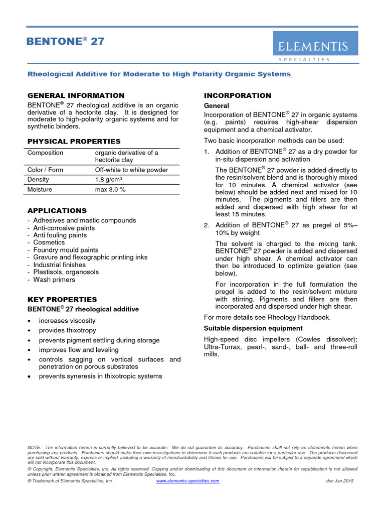 Elementis Bentone 27 Tds | PDF | Paint | Materials