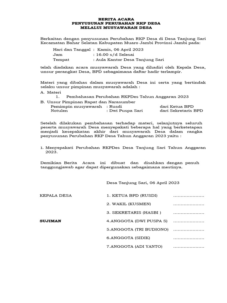 Berita Acara Perubahan Rkpdes | PDF | Olahraga & Rekreasi | Kajian Bahasa Asing