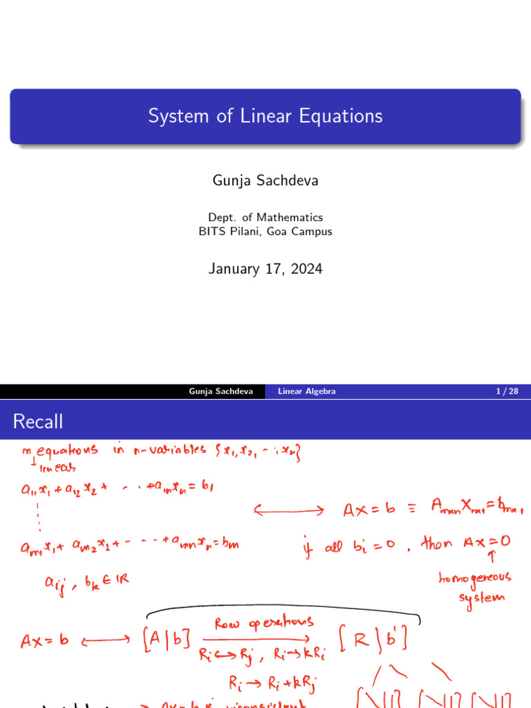Lecture 3 17th Jan Pdf System Of Linear Equations Matrix