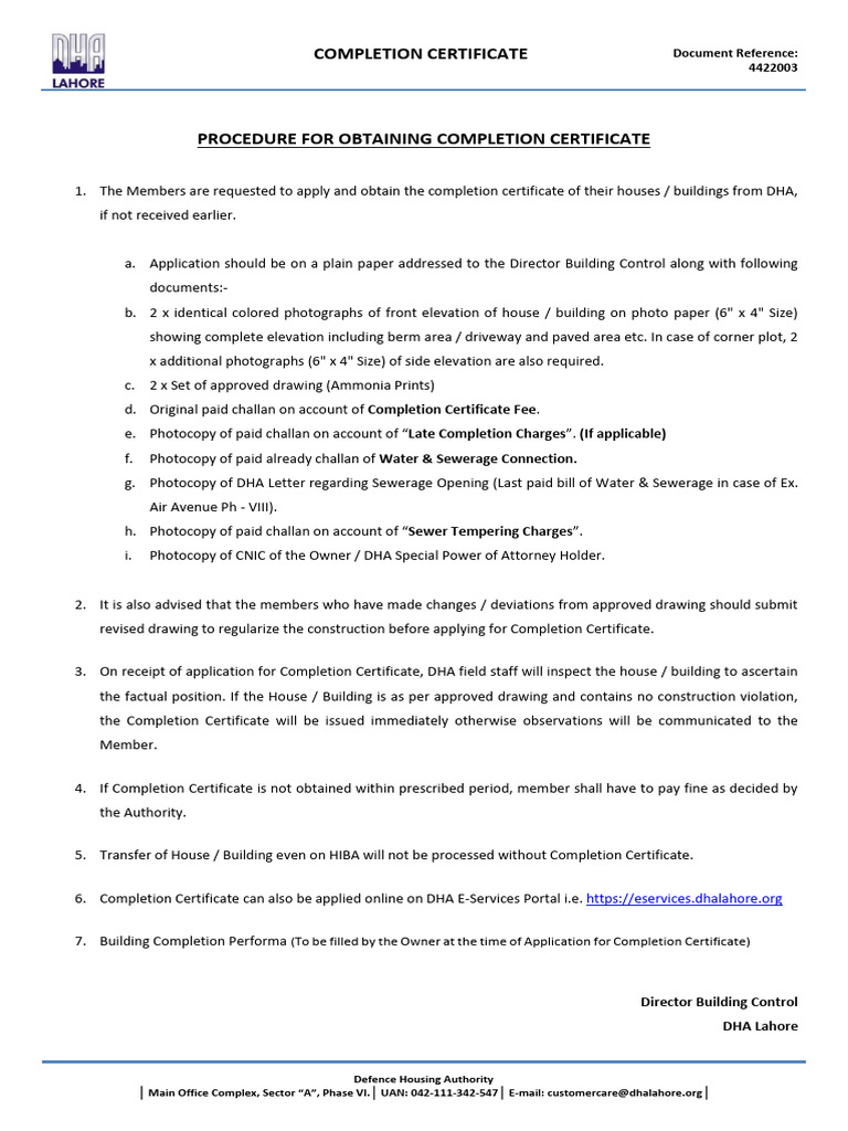 DHA Completion Certificate Procedure | PDF | Government