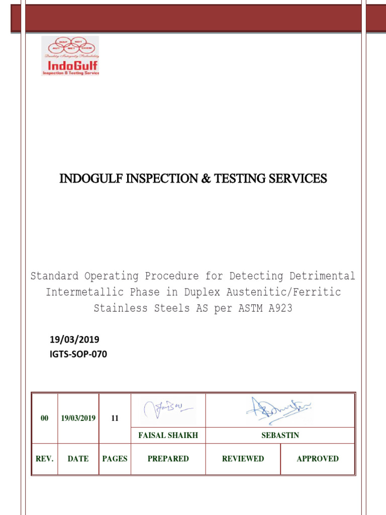 Igts-Sop-070-Astm A923 Method Aintermetallic Phases | PDF | Stainless Steel | Corrosion