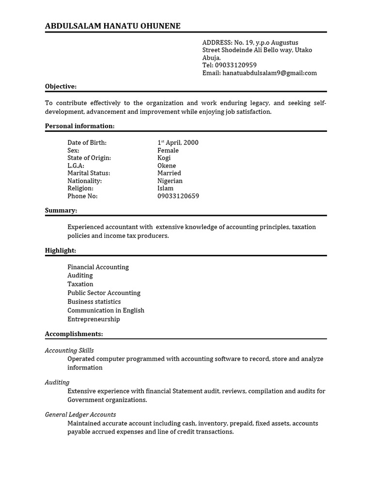 Experienced Accountant Resume Abuja | PDF | Accounting | Nigeria