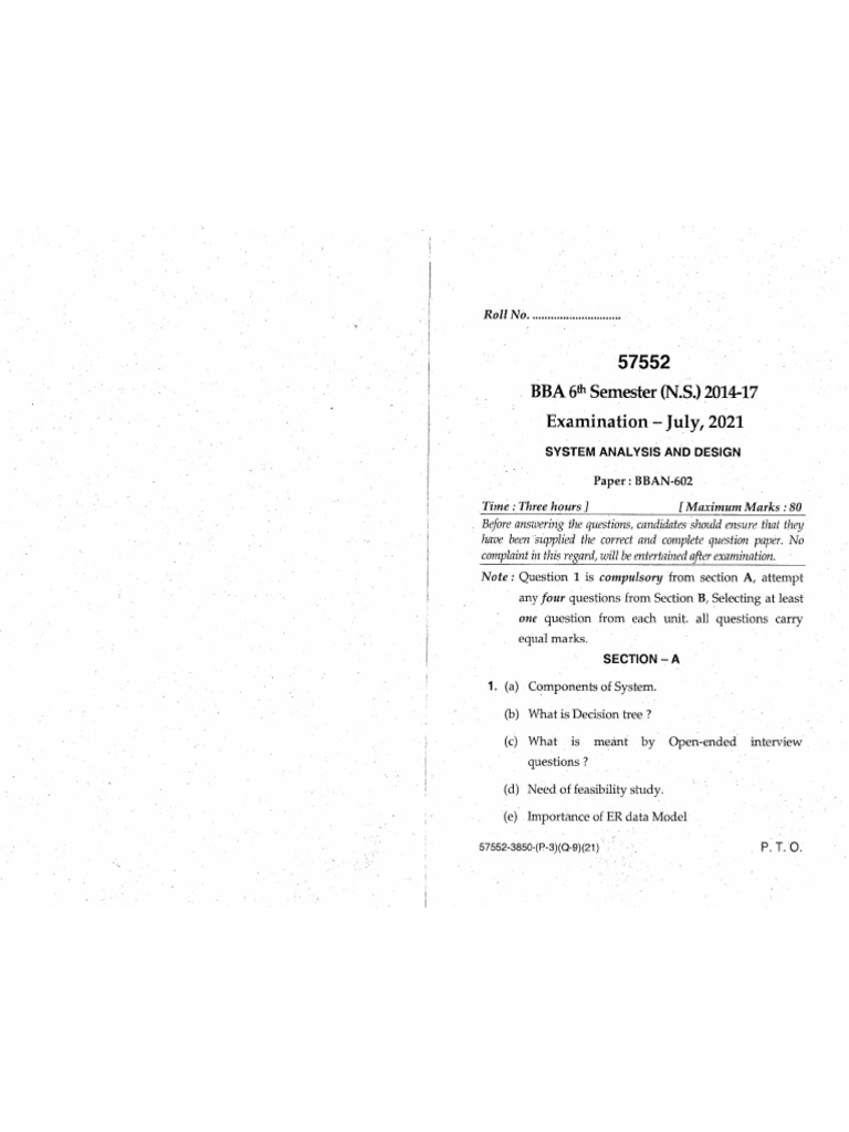 Bba 6th Sem July 2021 System Analysis and Design 57552 | PDF