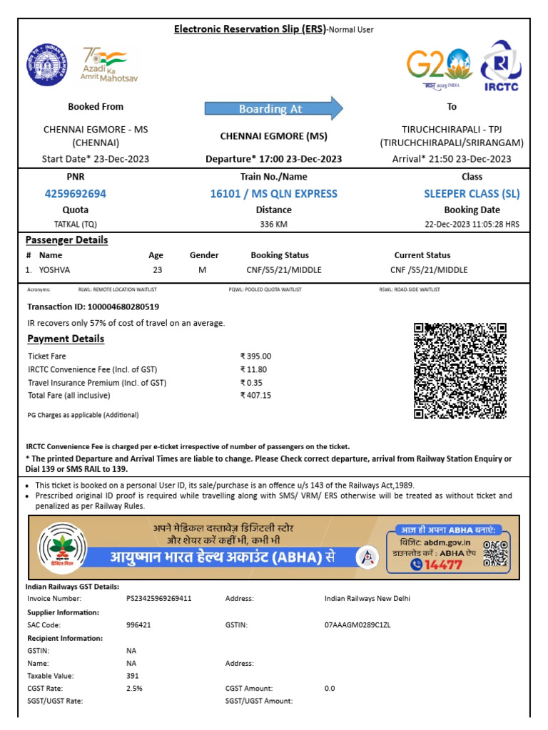 Ms QLN Express Sleeper Class (SL) : Electronic Reserva On Slip (ERS ...