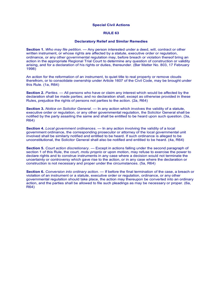 Special Civil Actions (Rule 63 Declaratory Relief and Similar Remedies ...