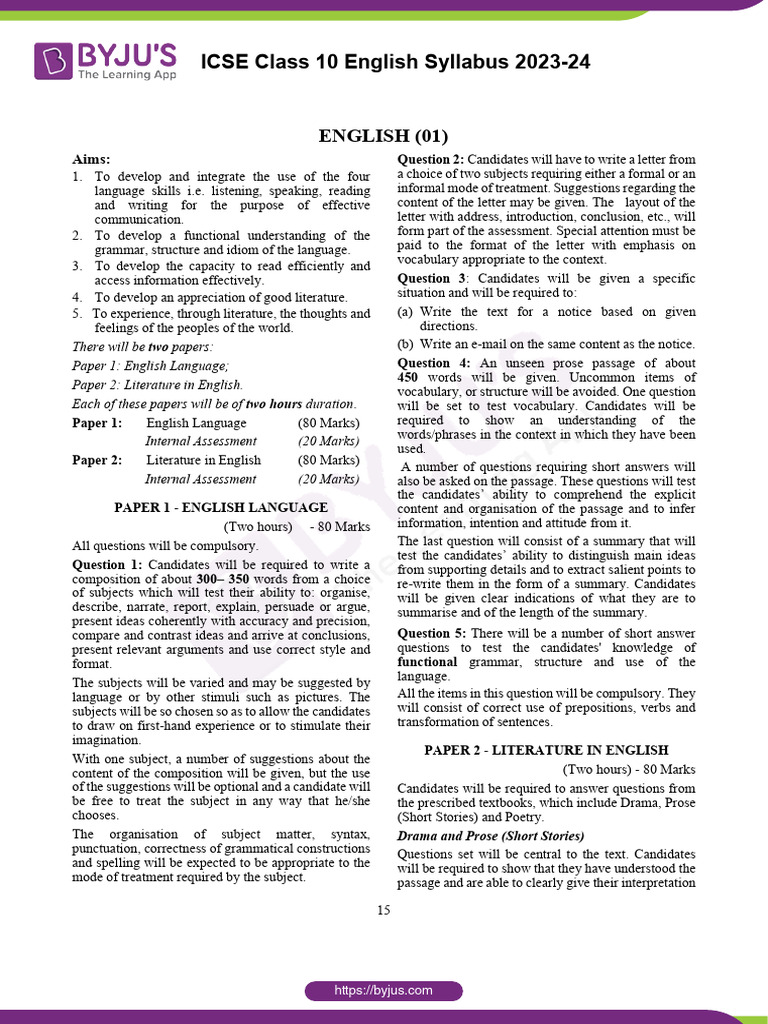 ICSE-Class-10-English-Syllabus-2023-24 | PDF | Question | Vocabulary
