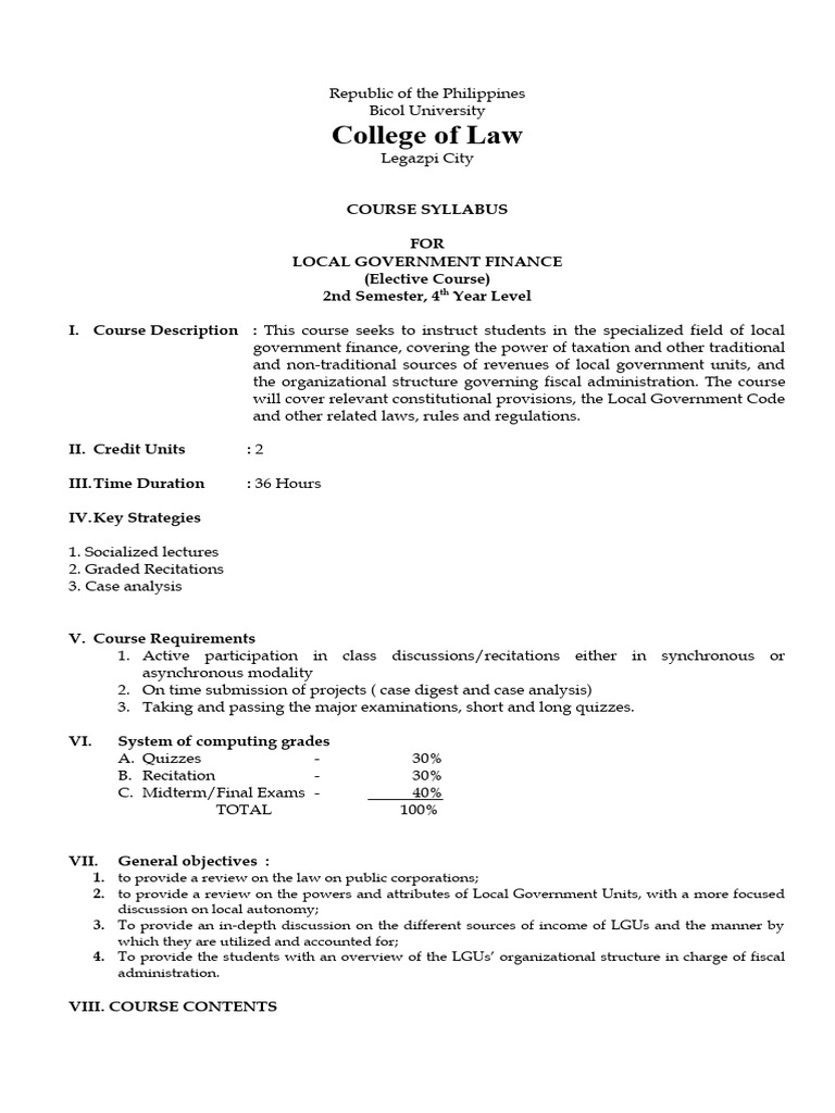 Local Government Finance Course Syllabus | PDF | Taxes | Government