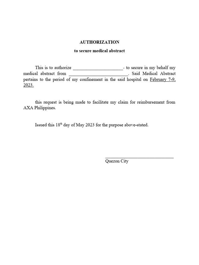 AUTHORIZATION To Secure Medical Abstract | PDF | Law