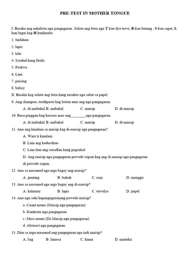 Pre-Test in Mother Tongue | PDF