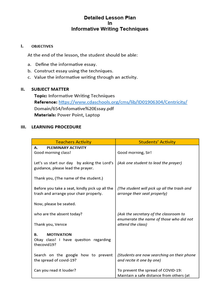 Detailed Lesson Plan in Informative Writting Techniques | PDF | Essays ...