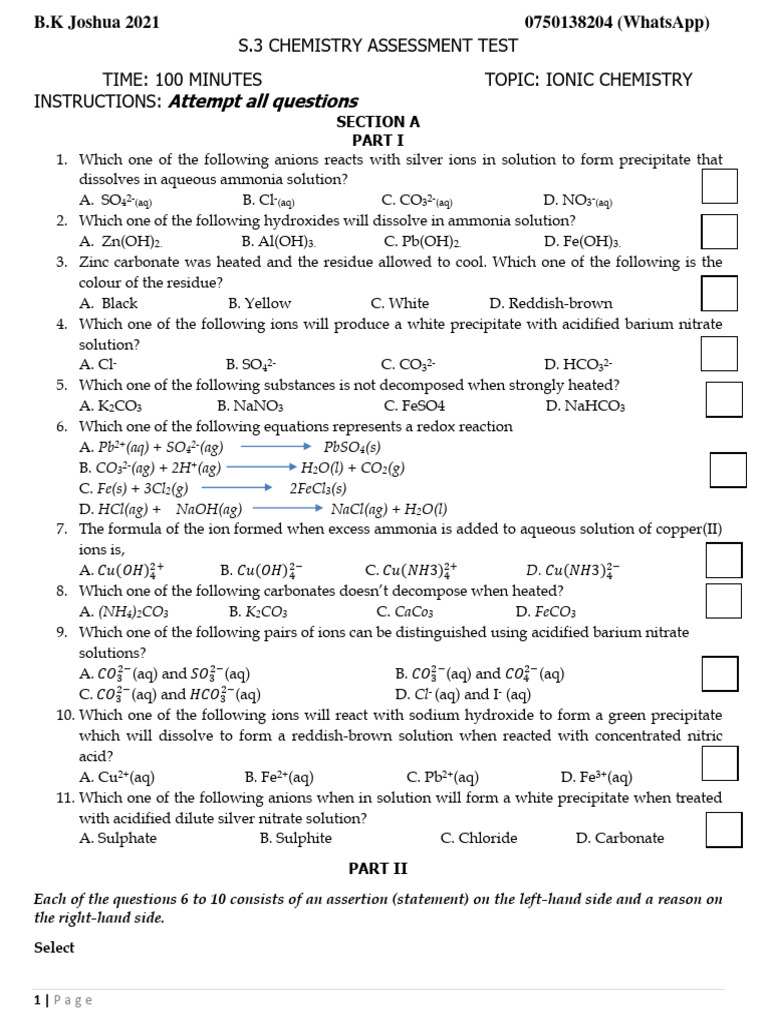Ionic Chemistry Assessment Test | PDF | Hydroxide | Precipitation ...