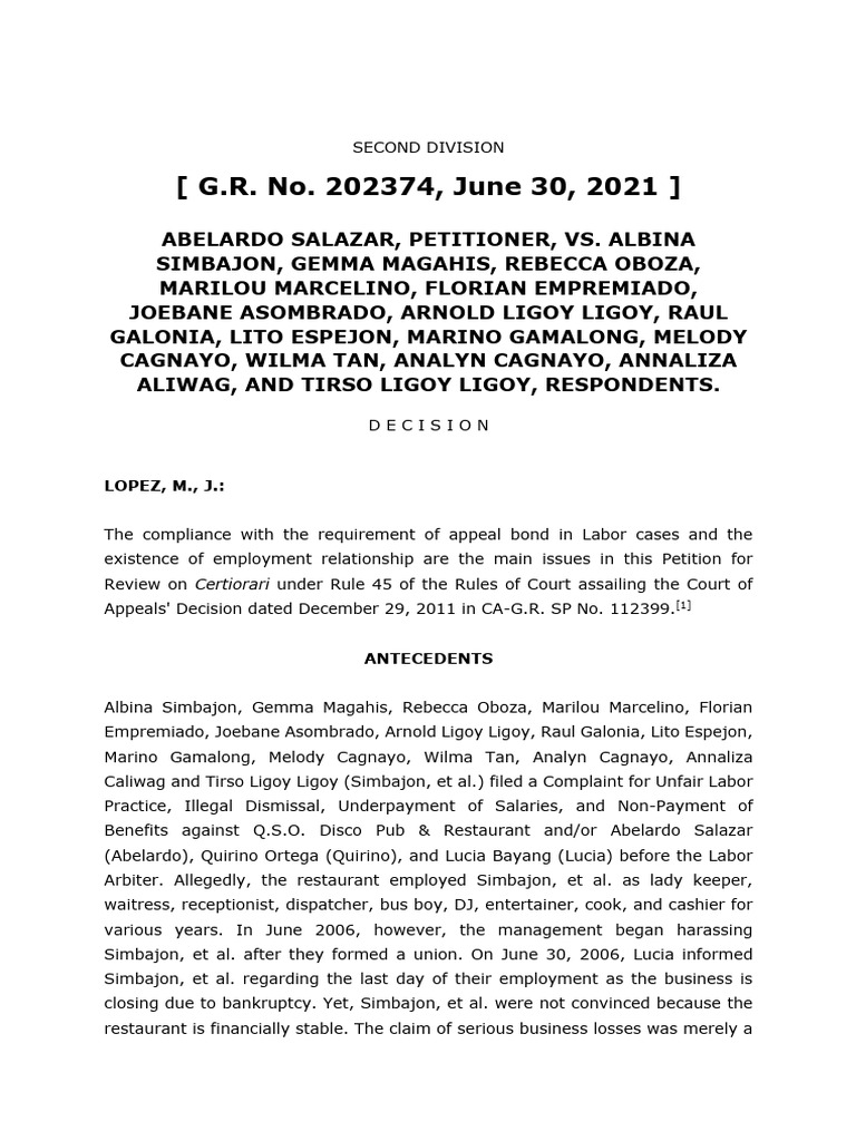 Abelardo Salazar Vs Albina Simbajon | PDF | Employment | Lease